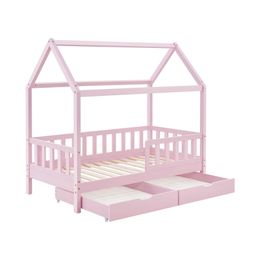 Juskys Kinderbett Marli 90 x 200 cm mit Bettkasten, Gitter, Lattenrost & Dach - Holz Hausbett Rosa