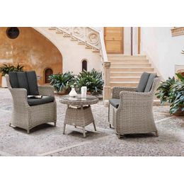 Destiny Balkonset LUNA MALAGA, (Set, 7-tlg), Polyrattan, 2 Sessel + Kaffeetisch Ø 60x55 cm, + Auflagen anthrazit, beige|grau