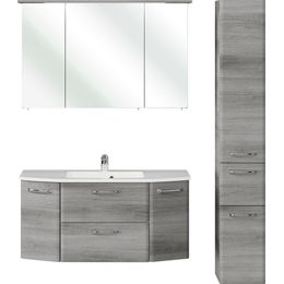 Saphir Badmöbel-Set Quickset 3-teilig, Mineralmarmor-Waschtisch und LED-Spiegelschrank, (4-St), mit Hochschrank, inkl. Türdämpfer, 7 Türen, 1 Klappe, 2 Schubladen, grau