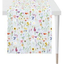 Apelt Tischläufer 6815 SPRINGTIME, Frühjahrsdeko, Frühling (1-tlg), Digitaldruck, mit Frühjahrsblüten, wie auf einer Streublumenwiese, blau|bunt
