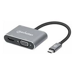 Manhattan USB-C Dock/Hub, Ports (x4): HDMI, USB-A, USB-C and VGA, With Power Delivery (87W) to USB-C Port (Note add USB-C wall charger and USB-C cable needed), All Ports can be used at the same time, Aluminium, Space Grey, Three Year Warranty, Re...