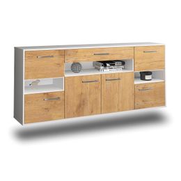 Stil.Zeit Sideboard Downey | Korpus Weiß | Eiche hängend mit Griffen (180x79x35cm)