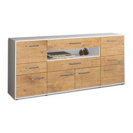 Stil.Zeit Sideboard Emerelda | Korpus Weiß | Eiche mit Griffen (180x79x35cm)