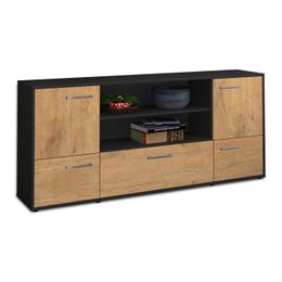 Stil.Zeit Sideboard Emanuela | Korpus Anthrazit | Eiche mit Griffen (180x79x35cm)