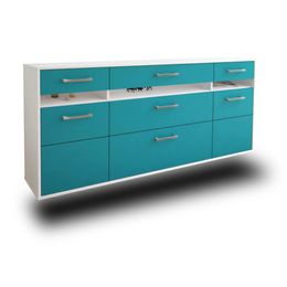 Stil.Zeit Sideboard Manchester | Korpus Weiß | Türkis hängend mit Griffen (180x79x35cm)