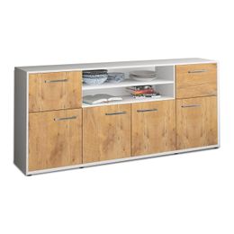 Stil.Zeit Sideboard Ermelina | Korpus Weiß | Eiche mit Griffen (180x79x35cm)