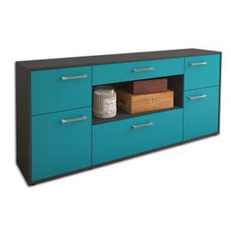 Stil.Zeit Sideboard Fabiola | Korpus Anthrazit | Tuerkis mit Griffen (180x79x35cm)