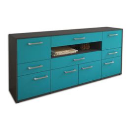 Stil.Zeit Sideboard Emerelda | Korpus Anthrazit | Tuerkis mit Griffen (180x79x35cm)