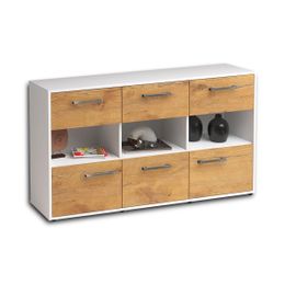 Stil.Zeit Sideboard Dorett | Korpus Weiß | Eiche mit Griffen (136x79x35cm)