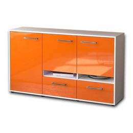 Stil.Zeit Sideboard Ebe | Korpus Weiß | Orange mit Griffen (136x79x35cm)