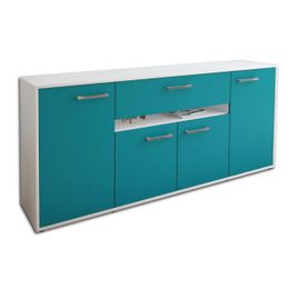 Stil.Zeit Sideboard Flavia | Korpus Weiß | Tuerkis mit Griffen (180x79x35cm)