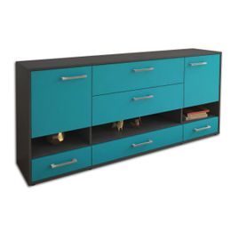 Stil.Zeit Sideboard Florentina | Korpus Anthrazit | Tuerkis mit Griffen (180x79x35cm)