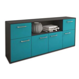 Stil.Zeit Sideboard Ermentrude | Korpus Anthrazit | Tuerkis mit Griffen (180x79x35cm)