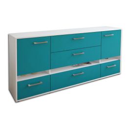 Stil.Zeit Sideboard Floriana | Korpus Weiß | Tuerkis mit Griffen (180x79x35cm)