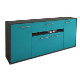 Stil.Zeit Sideboard Flavia | Korpus Anthrazit | Tuerkis mit Griffen (180x79x35cm)