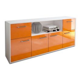 Stil.Zeit Sideboard Ermentrude | Korpus Weiß | Orange mit Griffen (180x79x35cm)