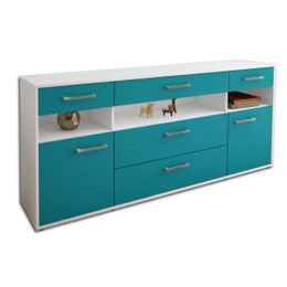 Stil.Zeit Sideboard Floria | Korpus Weiß | Tuerkis mit Griffen (180x79x35cm)