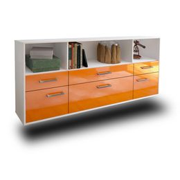 Stil.Zeit Sideboard Bellevue | Korpus Weiß | Orange hängend mit Griffen (180x79x35cm)