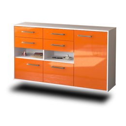 Stil.Zeit Sideboard Santa Rosa | Korpus Weiß | Orange hängend mit Griffen (136x79x35cm)