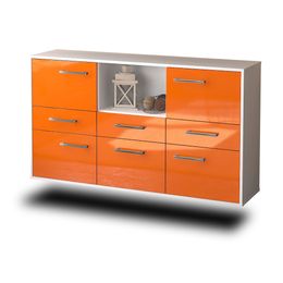 Stil.Zeit Sideboard Pomona | Korpus Weiß | Orange hängend mit Griffen (136x79x35cm)