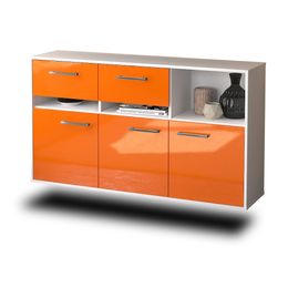 Stil.Zeit Sideboard Enterprise | Korpus Weiß | Orange hängend mit Griffen (136x79x35cm)