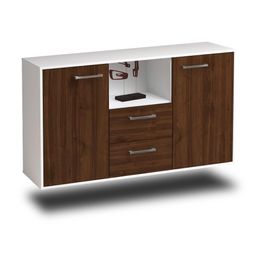 Stil.Zeit Sideboard Port St. Lucie | Korpus Weiß | Walnuss hängend mit Griffen (136x79x35cm)