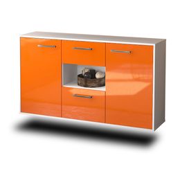 Stil.Zeit Sideboard Pasadena | Korpus Weiß | Orange hängend mit Griffen (136x79x35cm)