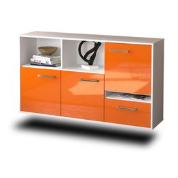 Stil.Zeit Sideboard Salinas | Korpus Weiß | Orange hängend mit Griffen (136x79x35cm)