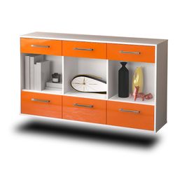 Stil.Zeit Sideboard Torrance | Korpus Weiß | Orange hängend mit Griffen (136x79x35cm)