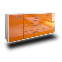 Stil.Zeit Sideboard Bridgeport | Korpus Weiß | Orange hängend mit Griffen (180x79x35cm)