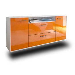 Stil.Zeit Sideboard Thousand Oaks | Korpus Weiß | Orange hängend mit Griffen (180x79x35cm)