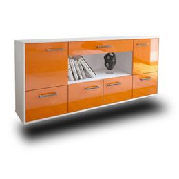 Stil.Zeit Sideboard Fullerton | Korpus Weiß | Orange hängend mit Griffen (180x79x35cm)