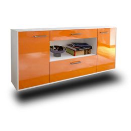 Stil.Zeit Sideboard Ann Arbor | Korpus Weiß | Orange hängend mit Griffen (180x79x35cm)