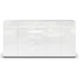 Rauch Kommode Flipp, 3-türig, 5 Schubladen, Soft-Close-Funktion, Oberboden und Front Glas, weiß