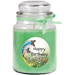 Geburtstagskerze mit Duft im Bonbonglas Happy Birthday, Duft: Kokos ( Grün ), 500g - Brennd. bis zu 110 Stunden, Kerze aus Glas mit Duft - Grün