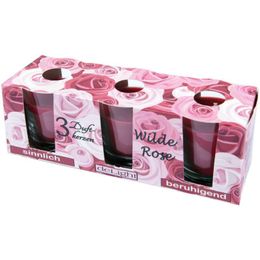 Duftkerzen Classic 3er Pack im Glas, lange Brenndauer und angenehmer Duft ( Wilde Rose ) - Rosa