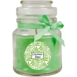Duftkerze mit Schriftzug Coconut-Limes im Bonbon Glas, 120g Wachs - Brenndauer ca.: 30 Stunden, Kerze im Glas in Geschenkverpackung - Grün