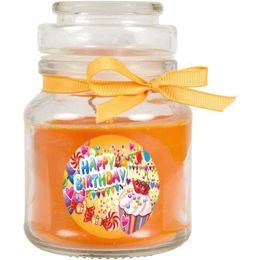 Geburtstagskerze mit Duft im Bonbonglas Happy Birthday, Duft: Honigmelone ( Orange ), 120g - Brennd. bis zu 30h, Kerze aus Glas mit Duft - Orange