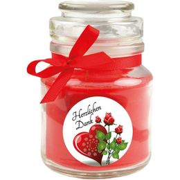 Dankes-Duftkerze im Bonbonglas Danke, Duft: Rose ( Rot ), 120g - Brenndauer bis zu 30 Stunden, Kerze aus Glas mit Duft - Rot