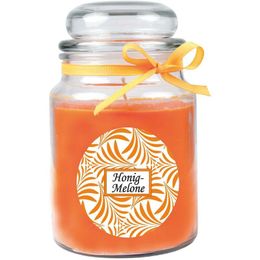 Duftkerze mit Schriftzug Honigmelone im Bonbon Glas, 500g Wachs - Brenndauer ca.: 110 Stunden, Kerze im Glas in Geschenkverpackung - Orange