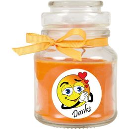 Dankes-Duftkerze im Bonbonglas Danke, Duft: Honigmelone ( Orange ), 120g - Brenndauer bis zu 30 Stunden, Kerze aus Glas mit Duft - Orange