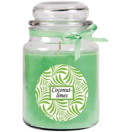 Duftkerze mit Schriftzug Coconut-Limes im Bonbon Glas, 500g Wachs - Brenndauer ca.: 110 Stunden, Kerze im Glas in Geschenkverpackung - Grün