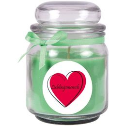 Duftkerze im Bonbonglas Herzen, Duft: Kokos ( Grün ), 300g - Brenndauer bis zu 70 Stunden, Kerze aus Glas mit Duft - Grün