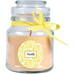 Duftkerze mit Schriftzug Vanille im Bonbon Glas, 120g Wachs - Brenndauer ca.: 30 Stunden, Kerze im Glas in Geschenkverpackung - Gelb