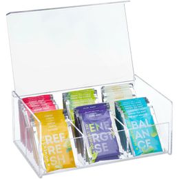 Teebox, Acryl, 6 Fächer, Teedose mit Deckel, HxBxT: 9 x 22 x 14,5 cm, Teebeutel Aufbewahrungsbox, transparent - Relaxdays