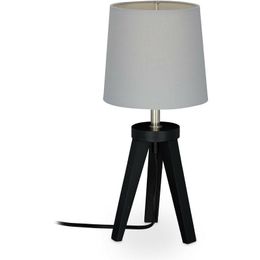 Tischlampe Dreibein, Holz & Stoff, E14, Schirmlampe Wohnzimmer, HxD: 31 x 14 cm, Nachttischlampe, schwarz/grau - Relaxdays