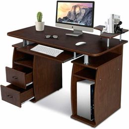GOPLUS Computertisch, Schreibtisch Buerotisch mit Tastaturauszug, Arbeitstisch, PC-Tisch mit Schubladen, 120x55x85cm Braun