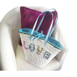 DEKO - Damentasche Love aus Seegras mit Pailetten, Strandtasche, Einkaufstasche, Shopper