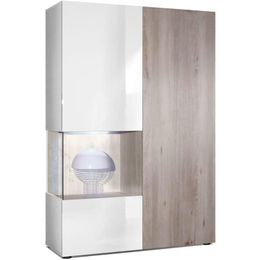 Vladon Standvitrine Highboard Hochschrank Glas Morena Weiß - Hochglanz & Naturtöne - Tür und Einsatz in Eiche Nordic mit led Beleuchtung - Tür und Einsatz