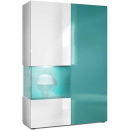 Vladon Standvitrine Highboard Hochschrank Glas Morena Weiß - Hochglanz & Naturtöne - Tür und Einsatz in Petrol Hochglanz mit led Beleuchtung - Tür und